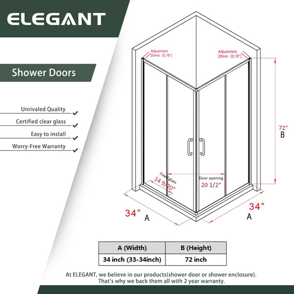 Elegant 34"D x 34"W x 72"H Framed Square Shower Enclosure with 1/4"Tempered Glass Corner Shower ...